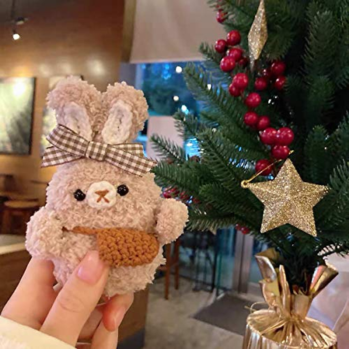 Ubest Cute Soft Hand Made Knit Fur Fluffy Rabbit Bunny Cartoon Animals Case Animal Plush Doll Compatible with Airpods2 Airpods Cartoon Headphones Cover for Girls Brown Best Gift