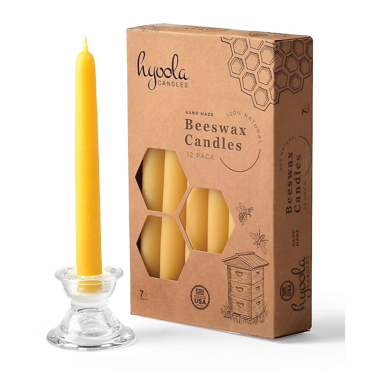 Hyoola 7 Inch Beeswax Taper Candles 12 Pack - Handmade, All Natural, 100% Pure Unscented Bee Wax Candle - Tall, Decorative, Golden Yellow - 7 Hour Burn Time