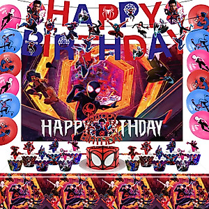 Spider Miles Party Supplies,Sparkling Cake Topper Birthday Cupcake Decoration Banner Backdrop Tablecloth Balloons Wrappers