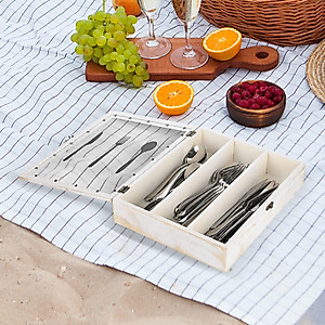 MyGift Rustic Whitewashed Wood Cutlery Tray Case with Acrylic Lid and Latch Lock, Buffet Table Utensils Flatware Server Caddy, Spoon and Fork Holder