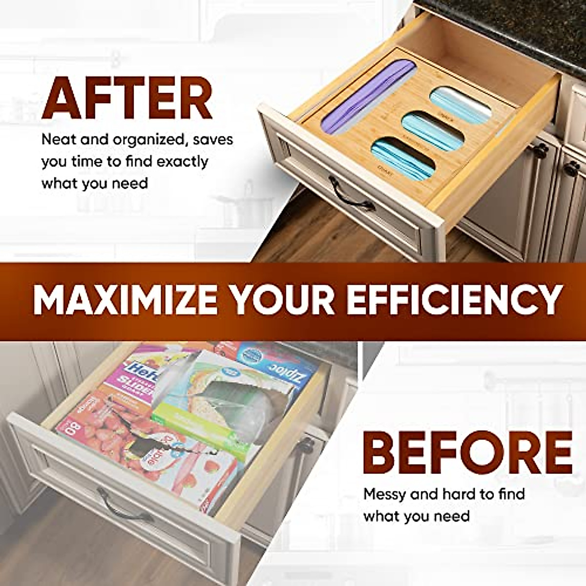 HidzBasics Ziplock Bag Organizer – Bamboo Ziplock Bag Storage Organizer for Gallon, Quart, Sandwich, and Snack Size Food Bags – Baggie Organizer for Kitchen Drawer and Pantry – Wooden Slider Lid