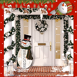 32 Inches Christmas Welcome Sign for Front Door Porch Farmhouse Christmas Wall Hanging Snowman Sign Rustic Wood Porch Decorations Outdoor Indoor Vertical Front Door Decor Primitive Welcome Porch Sign