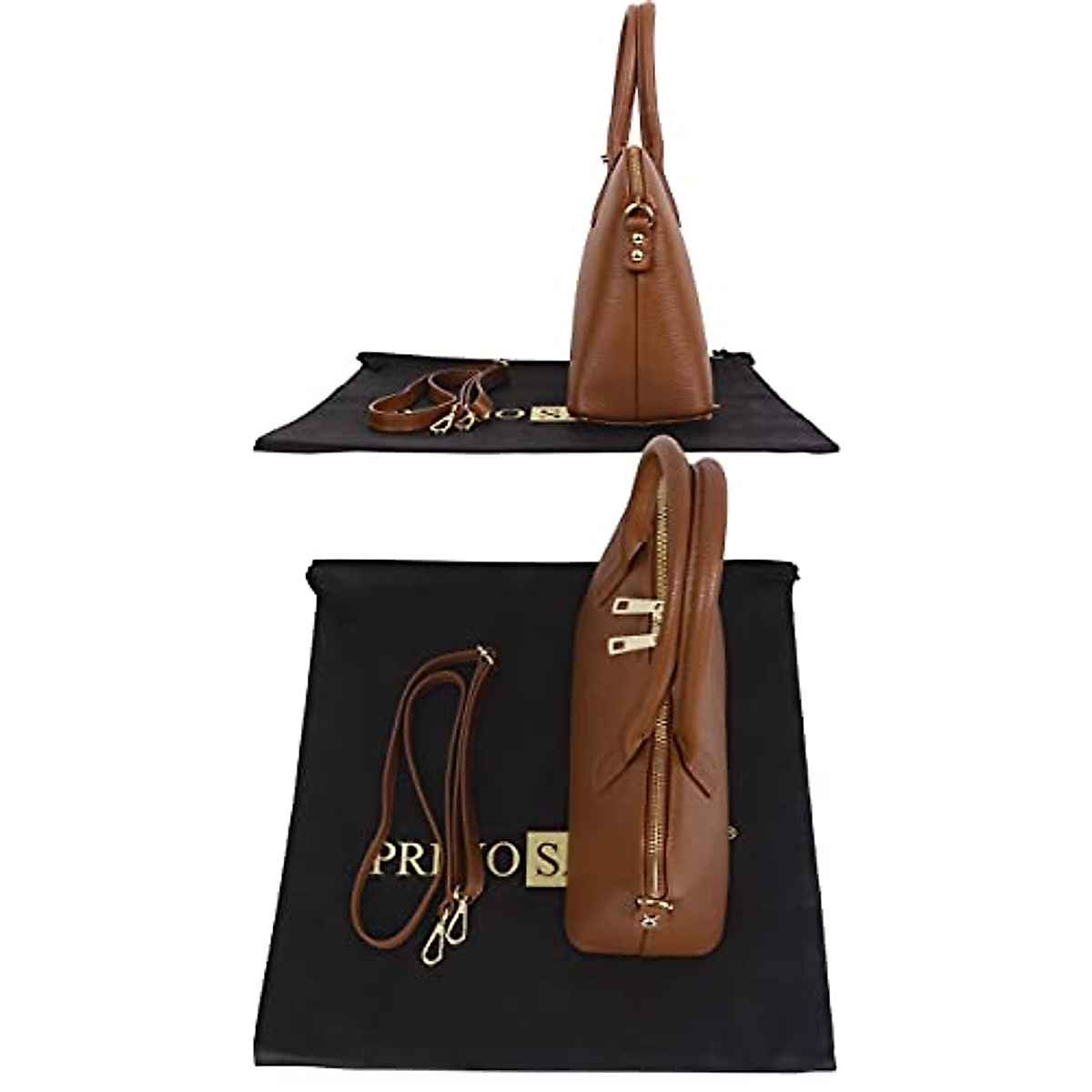 PRIMO SACCHI Italian Textured Dark Tan Leather Bowling Style Tote Grab Shoulder Bag Handbag Purse