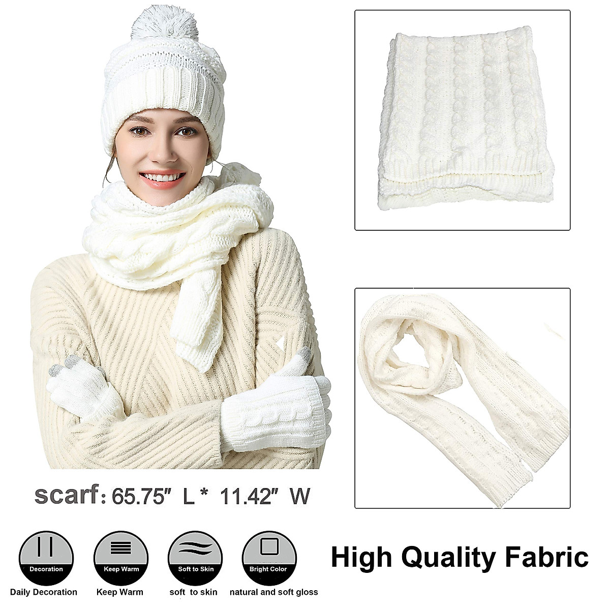 Warm Scarf Glove Hat Beanie Set - Cable Knit Winter Gift Set Pom Cap Touch Screen Glove Long Scarf 3 PCS Set for Women