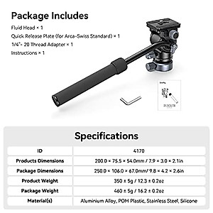 SmallRig Tripod Fluid Video Head with Leveling Base, Quick Release Plate for Arca Swiss and Adjustable Handle, Pan Tilt Head for Compact Cameras DSLR Cameras, Load up to 8.8lb/4kg-4170