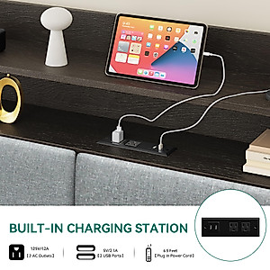 YITAHOME Queen Size Bed Frame, LED Bed Frame with Shelf Storage & Upholstered Headboard, Heavy Duty Metal Slats Platform Bed Frame with Charging Station, No Box Spring Needed, Gray