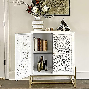 PHI VILLA White Accent Cabinet Storage Cabinet with Doors Buffet Cabinet Pantry Cabinet Sideboard for Dining Room Hollow Carved