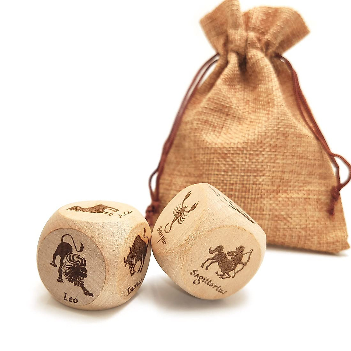 Hometu Creative 30MM Wooden Constellation Dice Set, Laser Engraved 6-Sided Wood Big Zodiac Dices for Constellation Divination Accessory (2Pcs/Set(1Pair), V1)