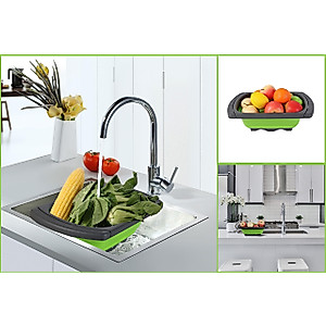Collapsible Colander with Silicone Measuring Cups & Funnels for Filling Bottles, Food Strainers for Kitchen over the Sink with Extendable Handle (Green)