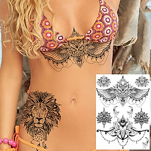 COKTAK 6 Pieces/Lot Unique Black Henna Temporary Tattoo Stickers For Adults Women Girls Feather Mandala Flower Body Art Large Big Arm Tattoos Sheet Lace Indian Mehndi Sexy Wedding Tatoos OWL