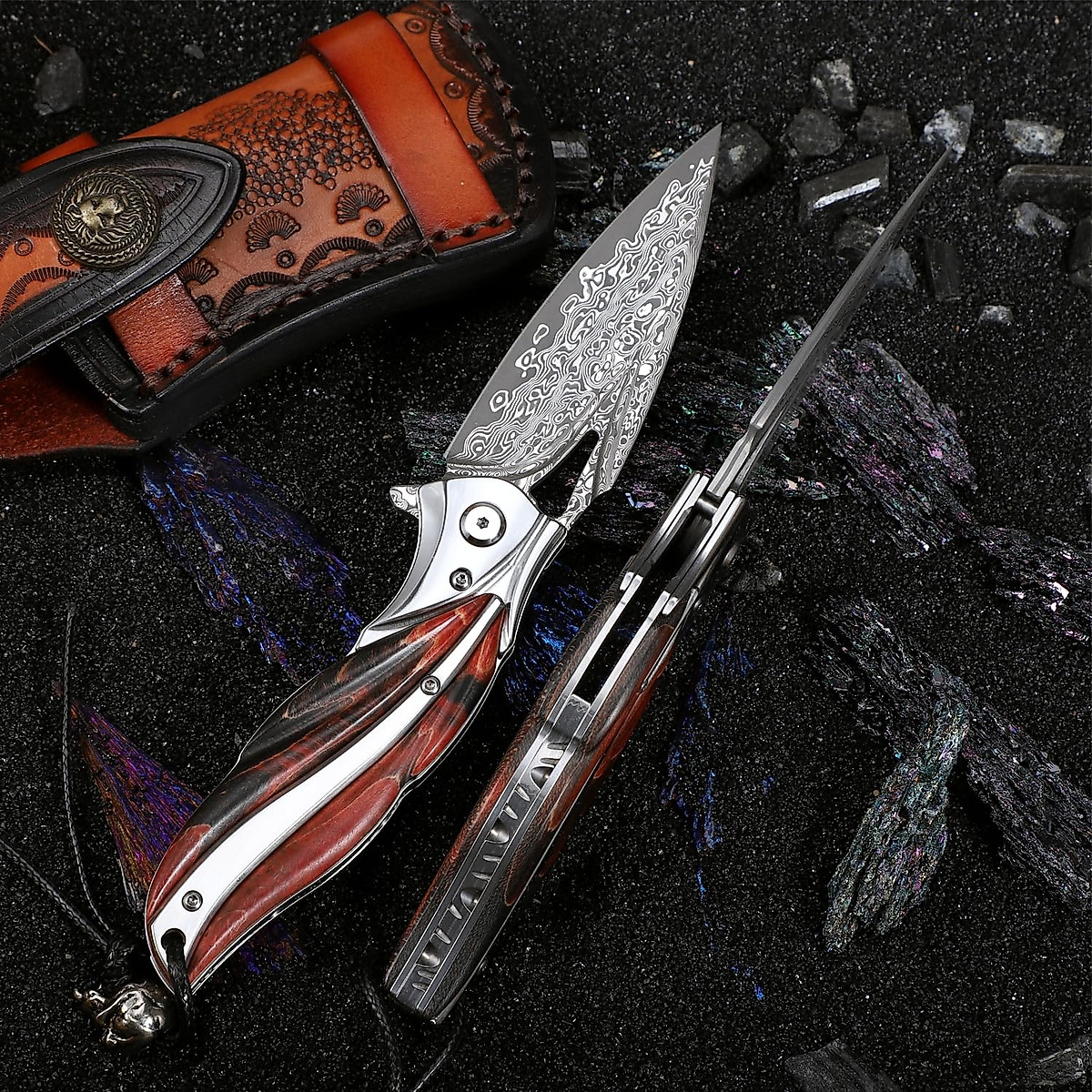 ALVELY Handmade Japanese VG10 Damascus steel Folding Pocket Knife，With leather case，Liner Lock，3.1in high hardness blade，Wooden Handle，men's folding knife hiking trip EDC tool Knife