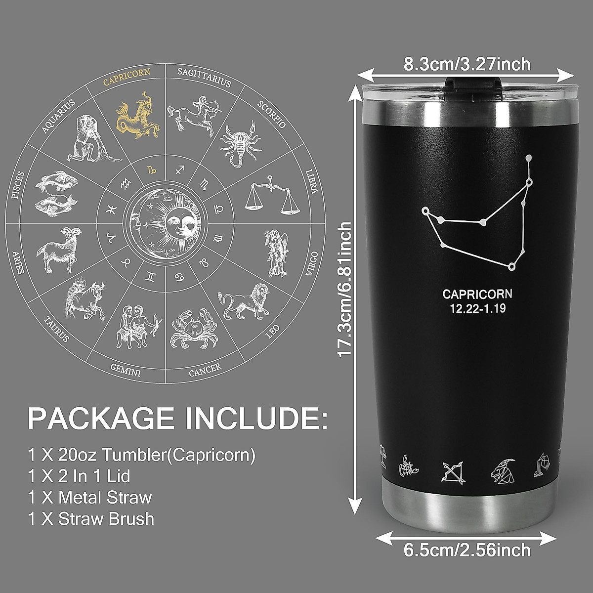 sweet grain 20oz Coffee Tumbler - Stainless Steel Double Wall Insulated Constellation Tumbler with Lid and Straw, Personalized Zodiac Gifts for Birthday/Bachelor Party - Capricorn