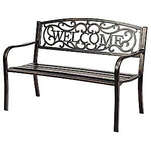 Giantex Garden Bench, Antique Metal Outside Bench w/Warm Welcome Pattern, Elegant Bronze Finish and Durable Metal Frame for Park Yard Porch Chair (Bronze)