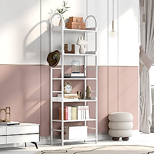 Bellemave 6-Tier Bookcase Freestanding Bookshelf with MDF Board & Round Top Frame, Narrow Rectangular Storage Shelves Adjustable Foot Pads for Living Room, Small Spaces (White) Narrow White (6-tier)