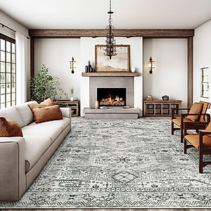 8x10 Area Rugs for Living Rooms, Stain Resistant Neutral Non-Slip Low Pile Carpet Machine Washable Rugs for Bedroom, Farmhouse, Office, Dining Room Clearance (Grey)