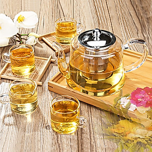 Glass Tea kettle Stovetop Safe, 40oz/1200ml Glass Teapot Gift Set with 4 Teacups, Tea Pot with Removable Infuser for Loose Leaf and Blooming Tea