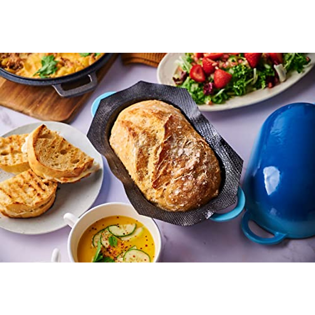 LoafNest: Incredibly Easy Artisan Bread Kit. Cast Iron Dutch Oven [Blue Gradient] and Perforated Non-Stick Silicone Liner.
