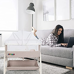 JOYMOR Bedside Sleeper Rocking Bassinet, Height Adjustable Breathable Net Bed Side Baby Cribs with Washable Mattress,Mosquito Net,Storage Basket for Infants, Beige