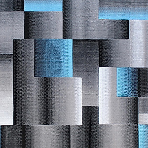 EMMA + OLIVER Malaga Olefin Accent Rug - Modern Cubist Pattern - Black and Gray Shades with Vibrant Blue Accents - 8x10 - Moisture & Stain Resistant
