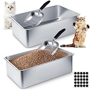2 Set Stainless Steel Litter Box for Cat with 2 Pcs Cat Litter Scoops 15 Pcs Non Slip Rubber Feet Non Stick Smooth Bunny Litter Box High Sided Litter Box Litter Scooper with Holder (24 x 16 x 8 In)