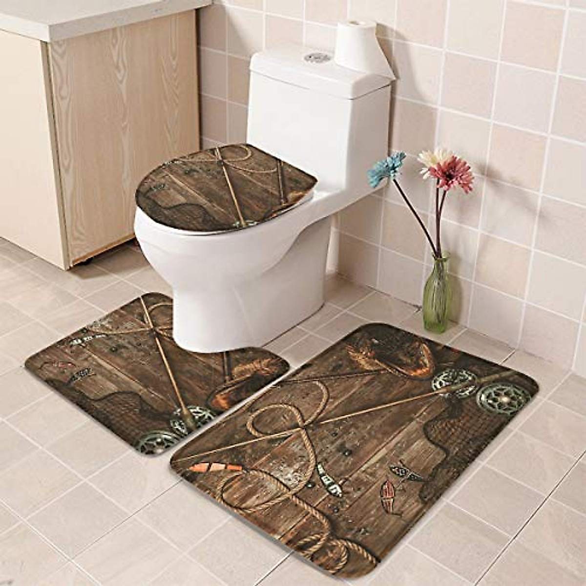 3 Piece Bath Rugs Set Non-Slip Bathroom Mats Absorbent Contour Soft Mat Toilet Lid Cover Bathroom Decor Set- Fisherman's Fishing Equipment on a Rustic Wooden Table 20"x32"+16"x18"+16"x20"