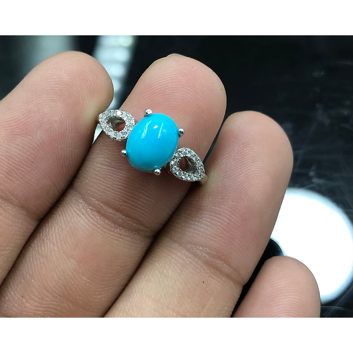 8X6 MM Oval Natural Blue Turquoise Cabochon 925 Sterling Silver December Birthstone Solitaire Unisex Proposal Ring Valentine Day Gift For Girlfriend Gift (Rhodium Plated Silver, 8)