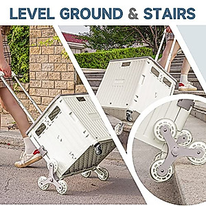 Honshine Foldable Cart with Stair Climbing Wheels, Collapsible Rolling Crate with Telescoping Handle, Handcart for Grocery Book File Tool Art Supplies(Milky White)