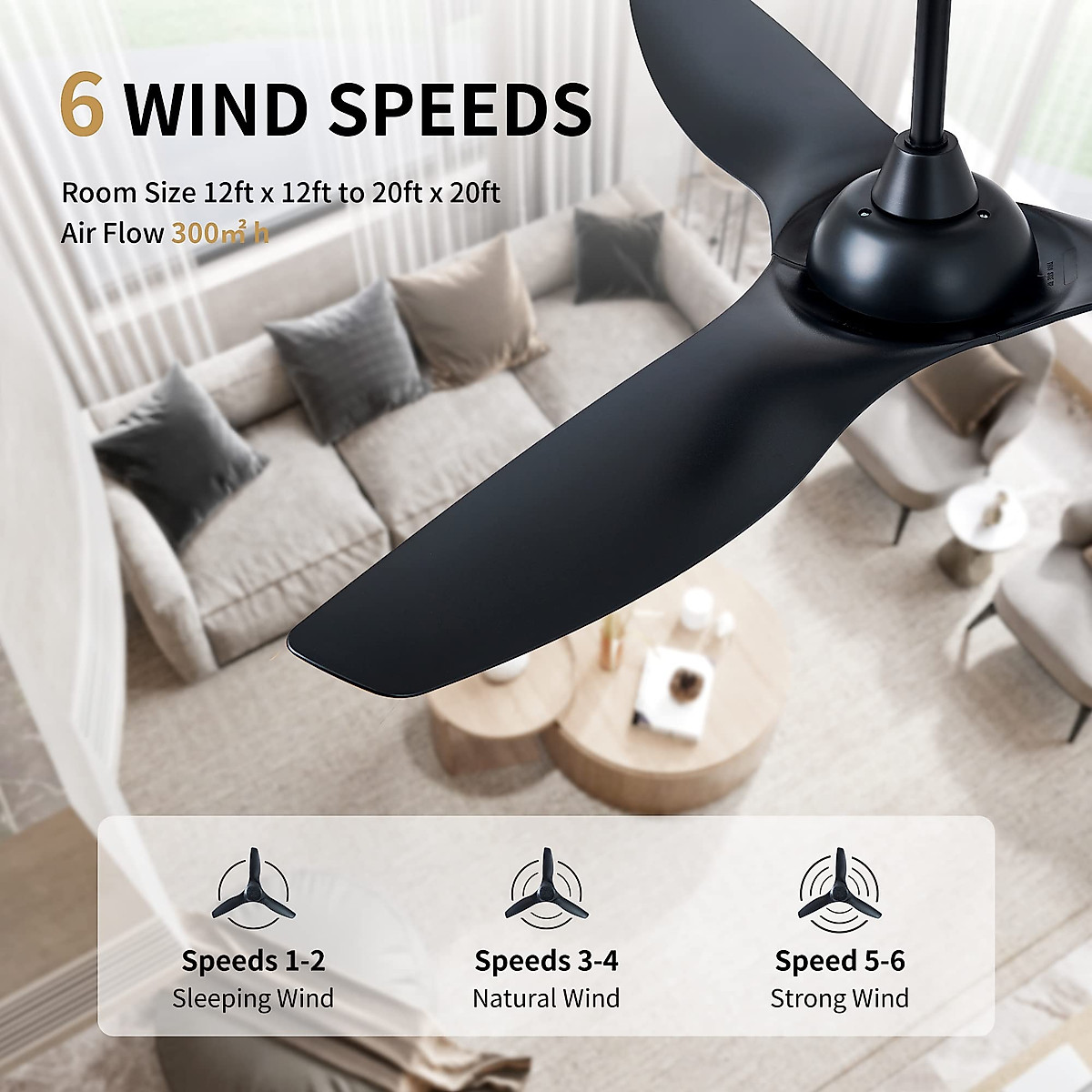 HUMHOLD 52" Ceiling Fan no Lights with Remote, Reversible DC Motor 6-Speed Ceiling Fan, 3 Blades Black Ceiling Fan without Light, Modern Propeller Ceiling Fans for Bedroom, Living Room