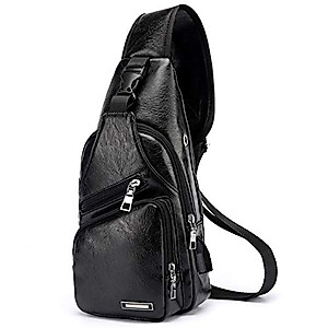 Men Shoulder Crossbody Sling Bag, PU Leather Chest Backpacks Crossbody Daypacks with USB Charging Port for Outdoor Activities (Black)