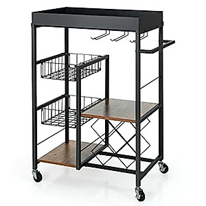 LIUJUN 4-Tier Kitchen Bar Cart Rolling Serving Trolley Wine Rack Removable Tray Basket