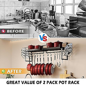 KINDEN 2 Pack 23 Inch Pot Rack Wall Mounted,Hanging Pot Organizer and Pans Lids Storage, Kitchen Cookware Hanging Shelves with 12 Hooks (Black)