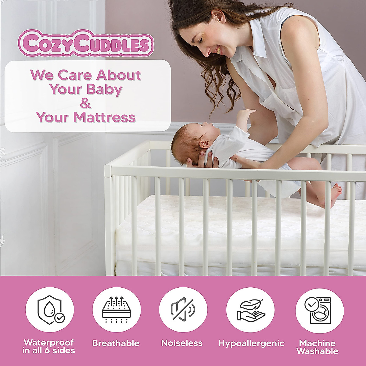COZYCUDDLES Premium Zippered Quilted Waterproof Crib Protector Cover - All 6-Sides Waterproof Fully Encasement - Standard Baby Crib Toddler Bedding (52" x 28"), White, ‎CC-01