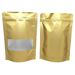 50 Pieces Stand Up Pouchs Resealable Food Storage Bags with Transparent Window Zip Lock Smell Proof Bags for Food Storage (Gold)