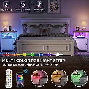 YITAHOME Farmhouse Nightstand with LED Lights & Charging Station, Night Stands with Storage Cabinet for Bedroom, End Side Table Bedside Table with Storage Shelf, X-Design, Set of 2, Wash Grey + White