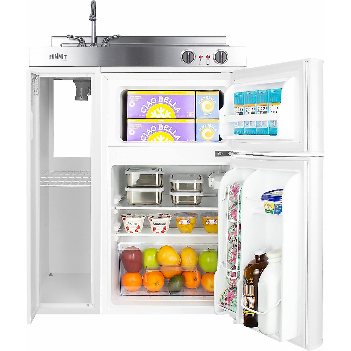 Summit C30EL 30" Kitchenette with 2 Coil Element Cooktop Sink and Faucet in White 2-door refrigerator-freezer included