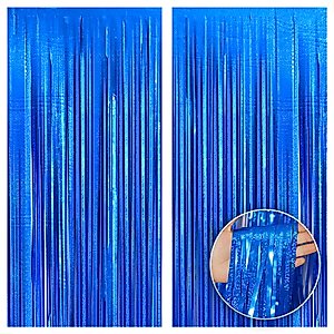 KatchOn, Iridescent Blue Streamers Backdrop - 3.2x8 Feet, Pack of 2 | Graduation Backdrop 2024, Graduation Decorations 2025, Pool Party Decorations | Iridescent Blue Backdrop, Summer Party Decorations