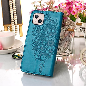 Compatible for iPhone 14 Wallet Case 2022,for iPhone 13 Wallet Case,[Kickstand][Wrist Strap][Card Holder Slots] Butterfly Floral Embossed PU Leather Flip Cover for iPhone 14/13 6.1 inch (Blue)