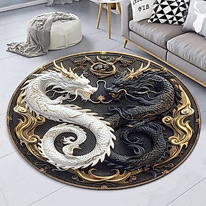 Personalized 3D Yin Yang Asian Dragon Element Area Rug, Anti-skid Lounge Mat, Indoor Decorative Throw Carpet, Suitable for Leisure Area Bedside Accessories Cloakroom, White and Black Dragon -3