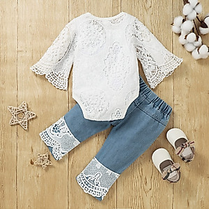 Tikoubabe Baby Girl Clothes Toddler Outfit Infant White Lace Romper Long Sleeve + Jeans Pants Clothing Set 3-6 Months 70cm