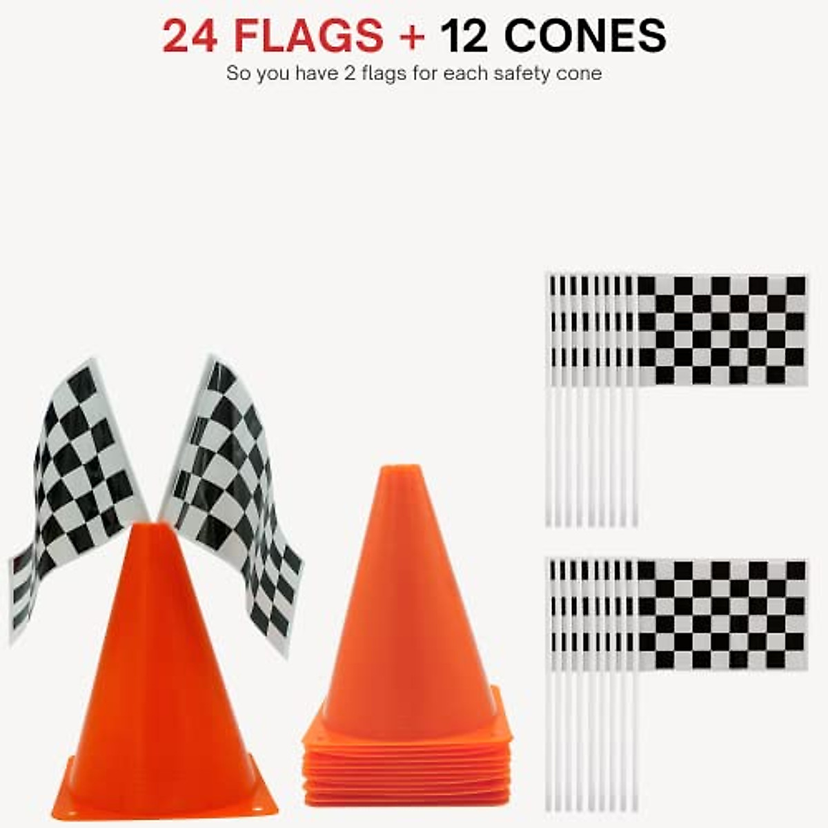 38 Pcs Set - 12 Traffic Cones With Hole on Top, 24 Checkered Flags, Racetrack Floor Runner - for For Race Car Birthday Party Supplies, Table Centerpiece Decorations for Kids by 4E's Novelty