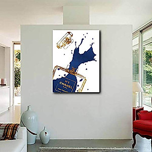 Home Decor Canvas Wall Art-HD Prints On Premium Canvas，Framed for Bedroom Bathroom Living Room Home Office Decor-Gold Perfume Bottle with Navy Blue Splash