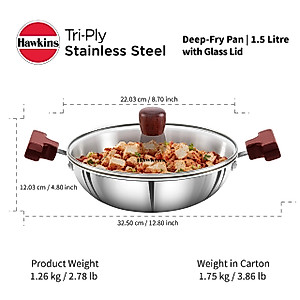 Hawkins 1.5 Litre Deep Fry Pan, Triply Stainless Steel Kadai with Glass Lid, Flat Bottom Induction Kadhai, Small Kadai, Silver (SSD15G)