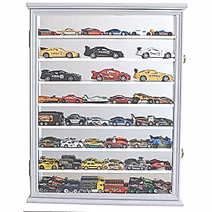 Shot Glass Display Case Solid Wood Wall Shot Glass Cabinet Rack Holder Lockable with UV Protection Acrylic Glass Door Shot Glass Collection Display Cabinet Mirror Back (White Finish)