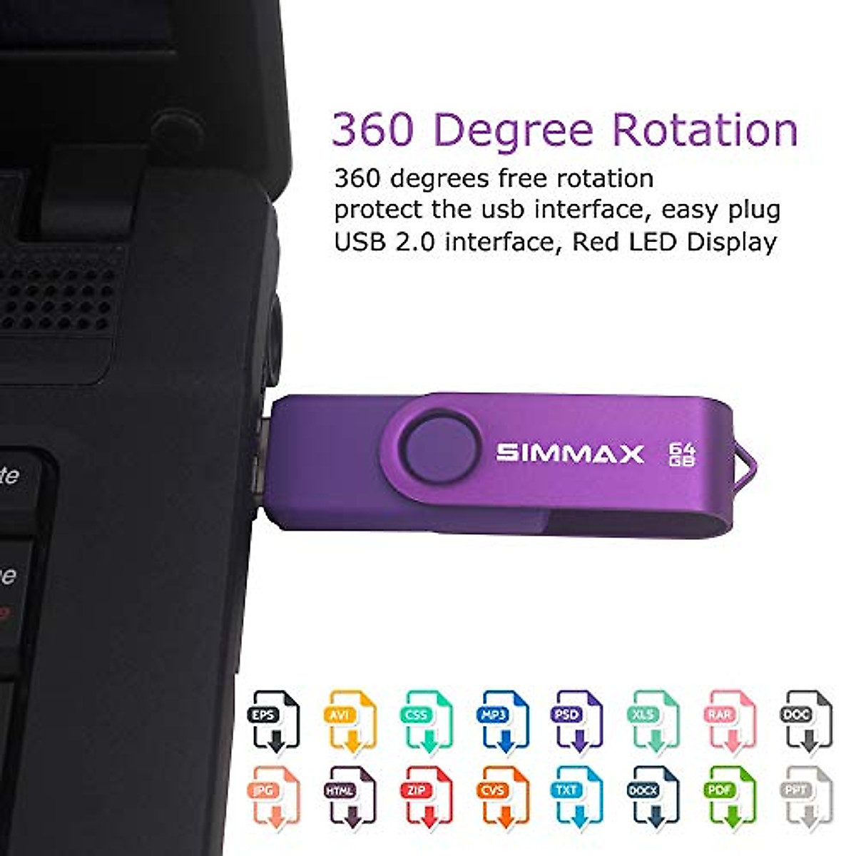 SIMMAX 64GB Memory Stick USB 2.0 Flash Drives Swivel Thumb Drive Pen Drive (64GB Purple)