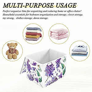 innewgogo Purple Flower Butterfly Storage Bins with Lids for Organizing Baskets Cube with Cover with Handles Oxford Cloth Storage Cube Box for Dog Toys