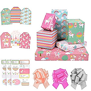 MAYPLUSS Wrapping Paper Sheet Set- Folded Flat - Pull Bows $ Gift Tags & Stickers - 6 Different Unicorn Design (45.2 sq. ft.ttl.) - 27.5 inch X 39.4 inch Per Sheet
