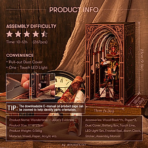 𝗠𝗶𝗻𝗶𝗖𝗶𝘁𝘆 Book Nook Kit, DIY Miniature Dollhouse Booknook Kit, 3D Wooden Puzzle Bookend Bookshelf Insert Decor with LED Light for Teens and Adults (Alice in Wonderland)