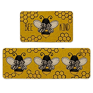 Artoid Mode Yellowe Bee Kind Spring Kitchen Mats Set of 2, Summer Home Decor Low-Profile Kitchen Rugs for Floor - 17x29 and 17x47 Inch