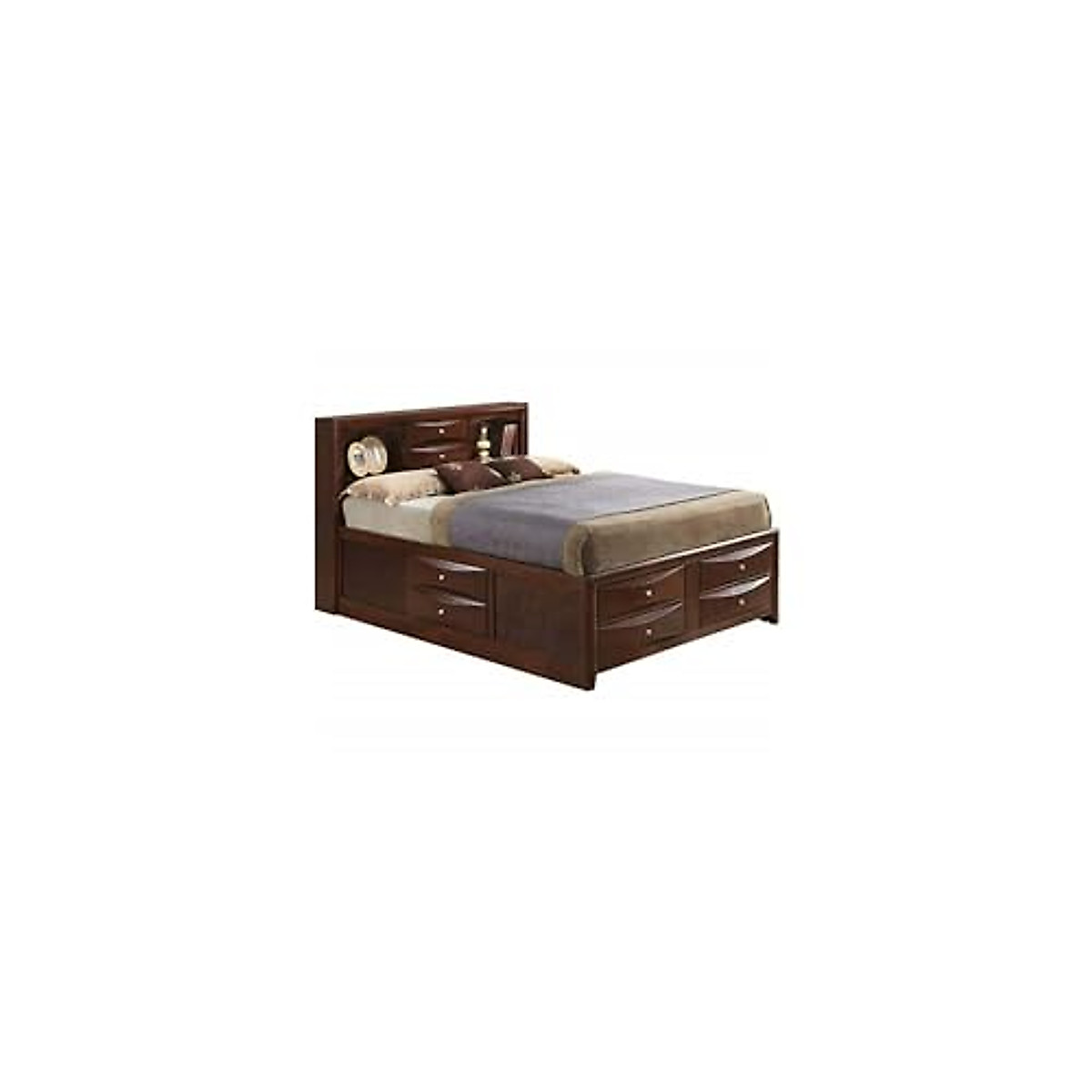 HomeStock Beachy Boho Low-Profile Storage Bed - Cherry Finish with Dovetailed Drawers and Open Shelves for Stylish Bedroom Organization Queen