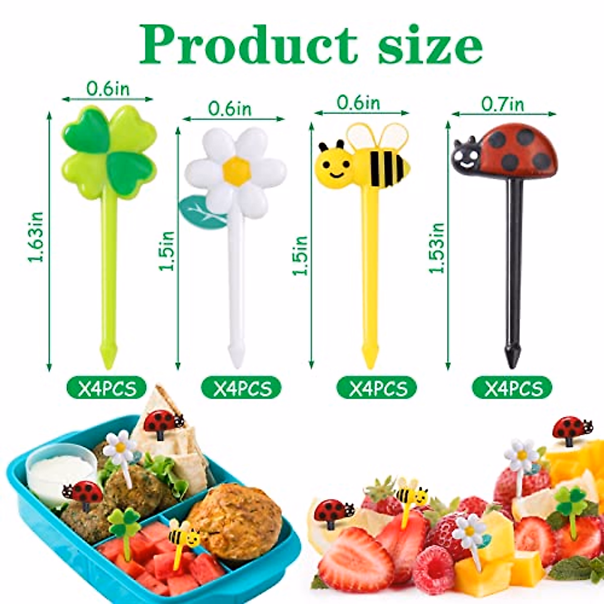 AIERSA Food Picks for Kids Bento Box, 16Pcs Reusable Cute Bees, Daisy, Four Leaf Clover, Ladybug Food Fruit Picks, Kids Lunch Bento Box Accessories